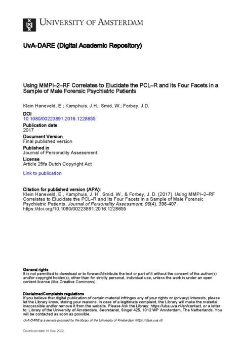 Personality Pdf 96543 Using Mmpi 2 Rf Correlates To Elucidate The Pcl R And Its Four Facets In