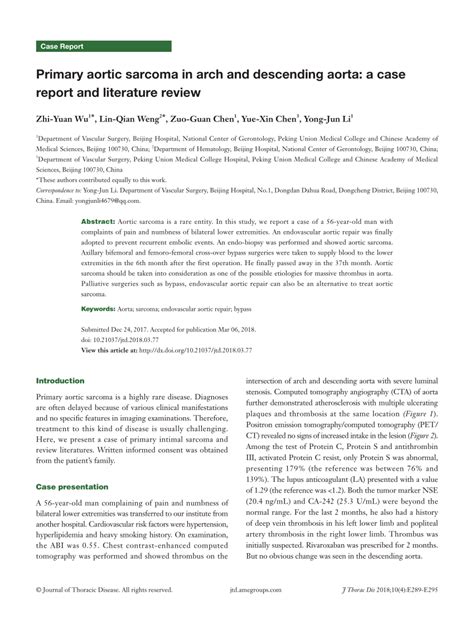 Pdf Primary Aortic Sarcoma In Arch And Descending Aorta A Case
