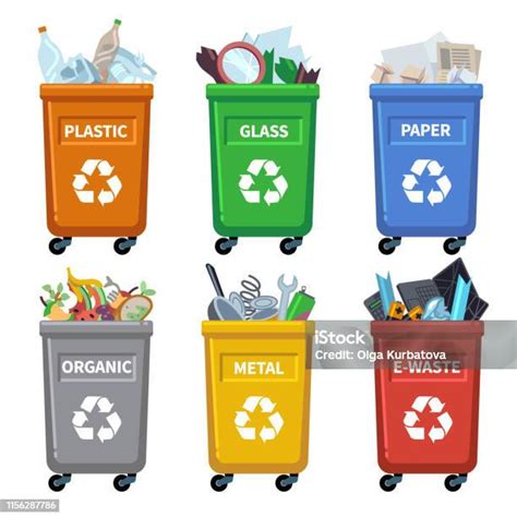 쓰레기통 카테고리 쓰레기 통을 분리 쓰레기 재활용 유기 종이 플라스틱 유리 금속 혼합 폐기물 벡터 차트 쓰레기 수거통에 대한