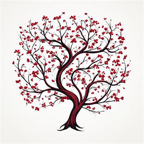 Beautiful Cherry Tree Illustration With Long Stem Design Stock