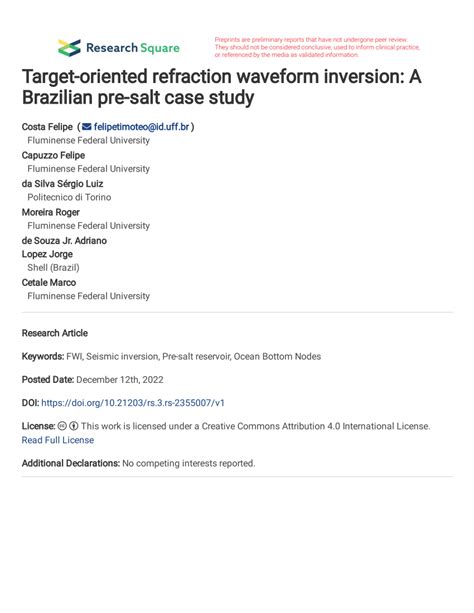 Pdf Target Oriented Refraction Waveform Inversion A Brazilian Pre