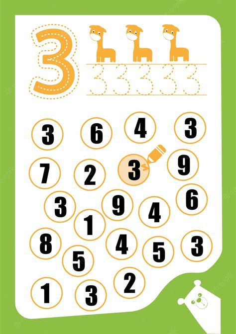 추적 및 쓰기 필기 연습 아이들을위한 학습 번호 교육 개발 워크 시트 프리미엄 벡터
