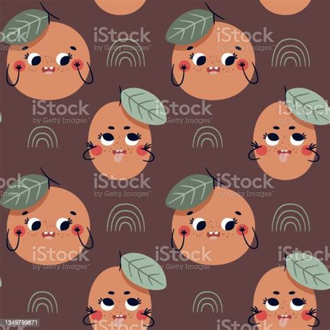 재미있는 과일 캐릭터와 벡터 원활한 패턴 살구 오렌지와 무지개 잎 베이비 샤워 보육원 장식 어린이 디자인에 대한 만화 일러스트 레이션 0명에 대한 스톡 벡터 아트 및 기타