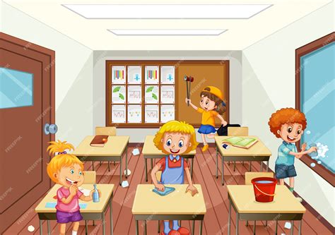 Grupo De Personas Limpiando Aula Vector Premium