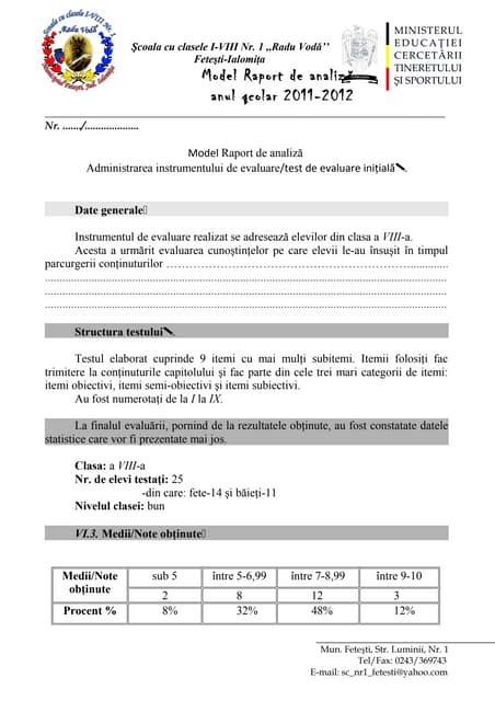 0 Model Raport De Analiza Test De Evaluare Initiala 20112012 Istorie Pdf