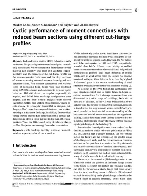 Pdf Cyclic Performance Of Moment Connections With Reduced Beam Sections Using Different Cut