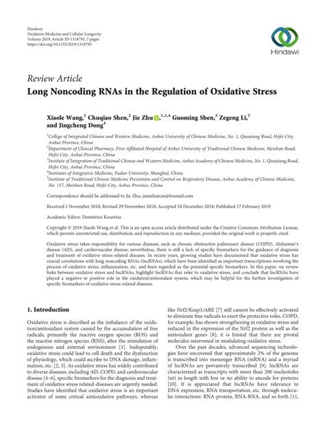 Pdf Long Noncoding Rnas In The Regulation Of Oxidative Stress