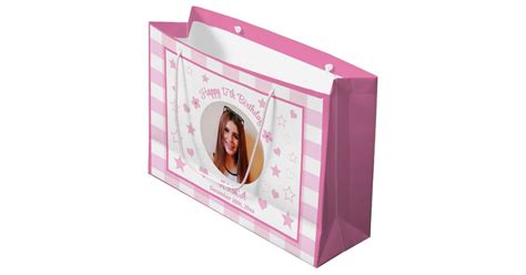 Custom Photo Happy 17th Birthday Pink White Plaid Large T Bag Zazzle
