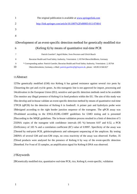 Pdf Development Of An Event Specific Detection Method For Genetically Modified Rice Kefeng 6