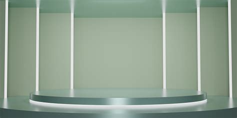 스튜디오를 배경으로 한 추상적인 녹색과 흰색 네온 불빛 Led 조명 3d 렌더링 녹색 제품을 보여주기 위한 빈 디스플레이 또는 클린룸 연단 전시 또는 진열장을 위한 미니멀