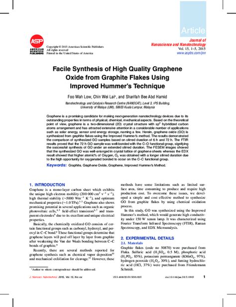 Pdf Facile Synthesis Of High Quality Graphene Oxide From Graphite Flakes Using Improved Hummer