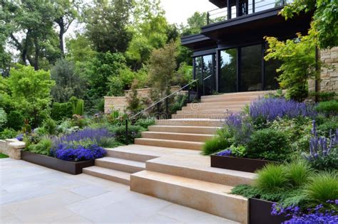 Modern House With Beautiful Garden And Large Staircase Stock