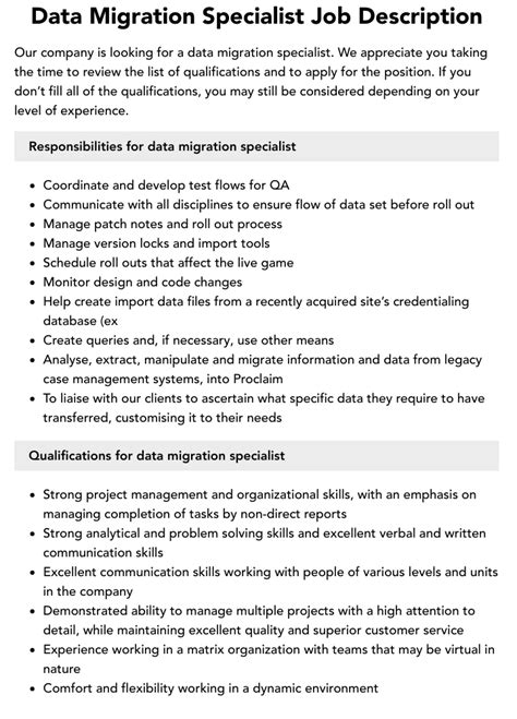 Data Migration Specialist Job Description Velvet Jobs