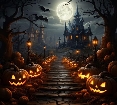 Haunted Trail House Atop Hill Pumpkins Graveyard Illustrated Halloween