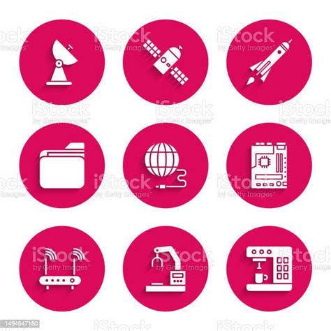 소셜 네트워크 로봇 로봇 팔 손 공장 커피 머신 마더 보드 라우터 Wifi 신호 문서 폴더 화재 및 레이더 아이콘이있는 로켓 우주선을 설정합니다 벡터 Launch Party