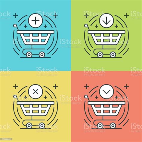 플랫 선 아이콘 설정 얇은 선형 스트로크 벡터 아이콘 쇼핑 카트 구매 제품 구매 버튼 전자 상거래 기호 0명에 대한 스톡 벡터
