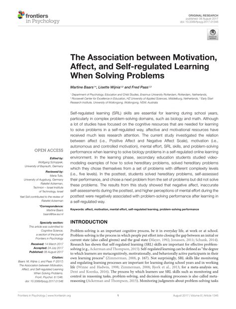 Pdf The Association Between Motivation Affect And Self Regulated Learning When Solving Problems