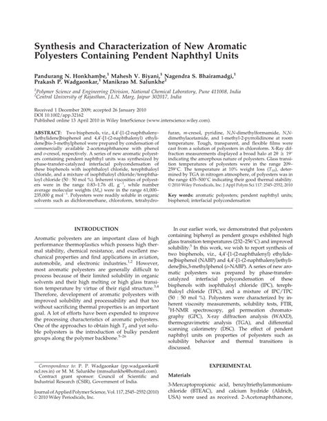 Pdf Synthesis And Characterization Of New Aromatic Polyesters Containing Pendent Naphthyl Units