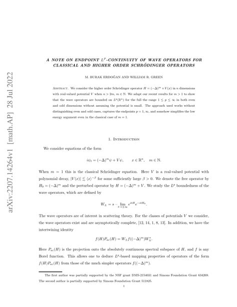 Pdf A Note On Endpoint L P Continuity Of Wave Operators For Classical And Higher Order Schr