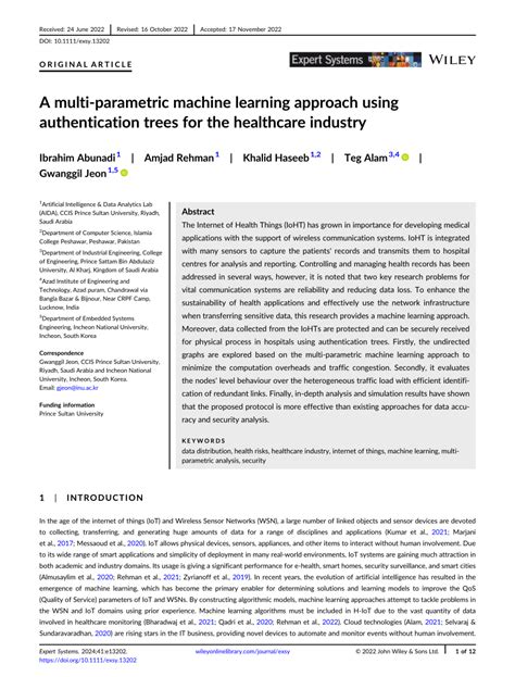 A Multi‐parametric Machine Learning Approach Using Authentication Trees For The Healthcare