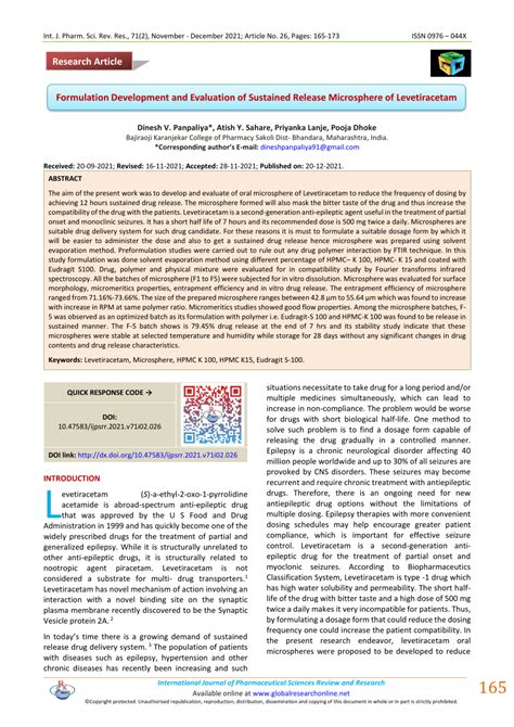 Pdf Formulation Development And Evaluation Of Sustained Release Microsphere Of Levetiracetam