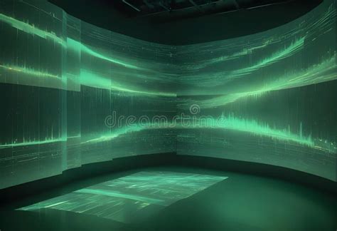 A Dark Room With Multiple Screens Displaying A Vibrant Green Digital