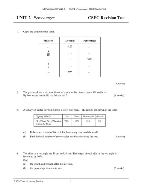 Unit 2 Percentages Csec Revision Test Fraction Decimal Percentage Pdf Transport Vehicles