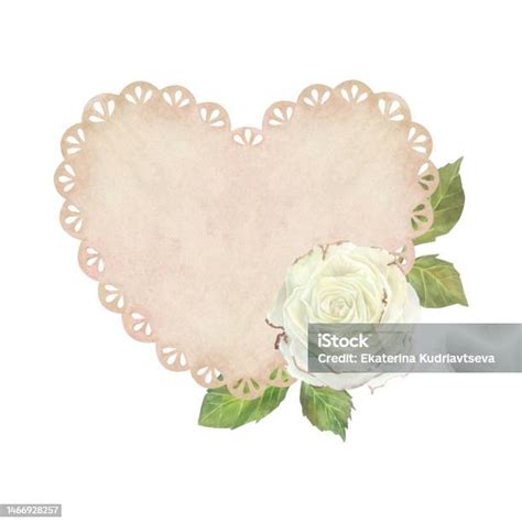 베이지 색 레이스는 흰 장미와 나뭇잎이있는 하트 모양입니다 텍스트를 위한 장소입니다 수채화 그림입니다 흰색 배경에 격리되어 있습니다 인사말 카드 청첩장 디자인 0명에 대한