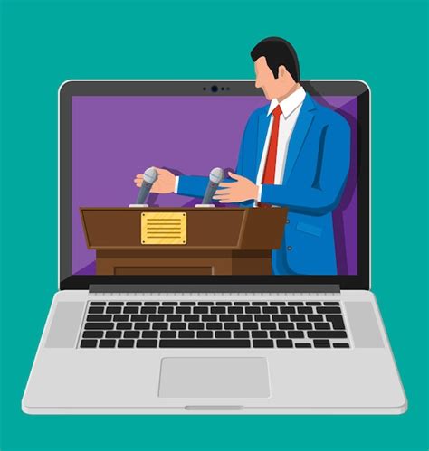 기자 회견 라이브 비디오가 있는 노트북 연단 트리뷴 연사 또는 사업가 웹 카메라 화상 통화 온라인 교육 온라인 작업 방송 생중계 평면 벡터 일러스트 레이