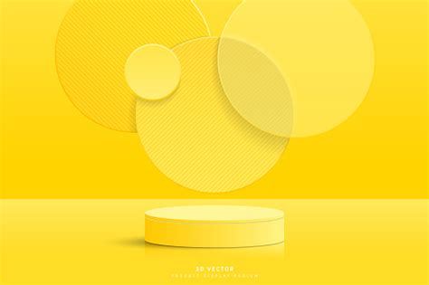 추상 노란색 3d 실린더 연단 받침대 또는 제품 디스플레이 스탠드 원형 유리 오버랩 및 공기 부동 쇼 코스메틱을 위한 최소한의 장면 3d 벡터 기하학적 플랫폼 디자인 3차원