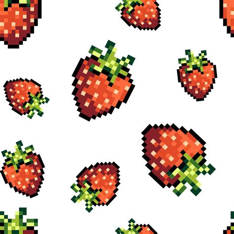 Strawberry Seamless Pattern On White In Pixel Art Style Seamless