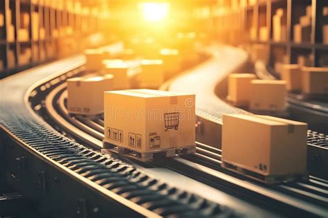 Boxes Moving On A Conveyor Belt In A Warehouse Symbolizing E Commerce Logistics And The