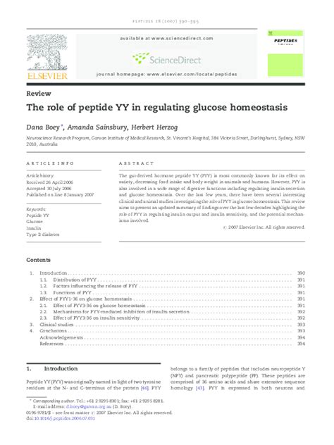 Pdf The Role Of Peptide Yy In Regulating Glucose Homeostasis