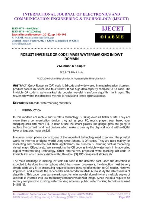 Robust Invisible Qr Code Image Watermarking In Dwt Pdf