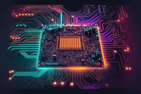 Computer Microchip Semiconductor On Motherboard Futuristic Cyber Neon Lighting Stock