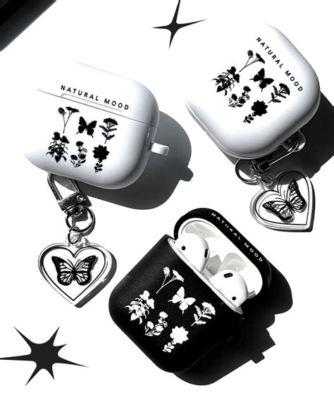 키링 Set 내추럴 무드 에어팟 버즈3프로 버즈 빈티지 케이스 에어팟프로 3세대 버즈라이브 실루엣 블랙디자인 나비 소나무 자연 네이처 네추럴 트리 꽃 하라주쿠 Y2k