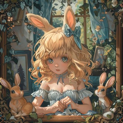 Premium Photo A Girl With Long Blonde Hair And A Bunny In A Frame