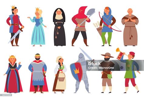 중세 문자 플랫 나이트 남자 왕과 공주 귀여운 소년 의상을 입은 배우 만화 농민 궁수 괜찮은 역사적 벡터 사람 르네상스에 대한 스톡 벡터 아트 및 기타 이미지 Istock