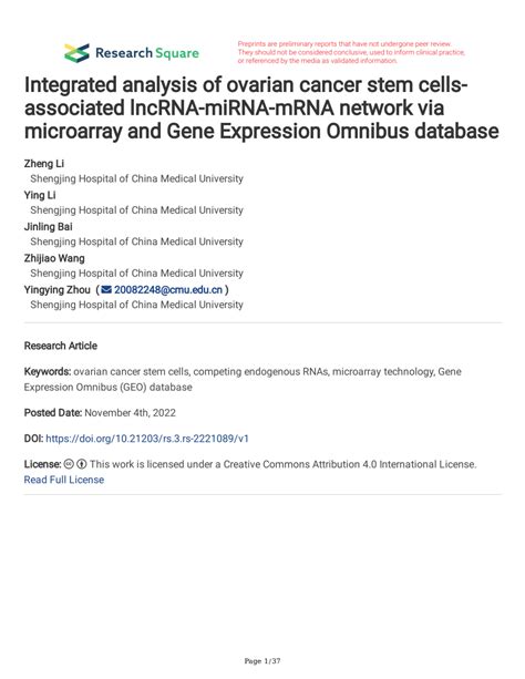 Pdf Integrated Analysis Of Ovarian Cancer Stem Cells Associated