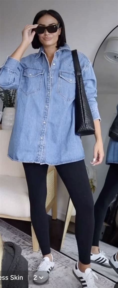Oversized Chambray Shirt Outfit Long Denim Shirt With Leggings Black