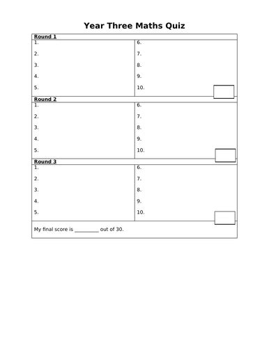 Year 3 Maths Quiz End Of Year Gl Prep Teaching Resources
