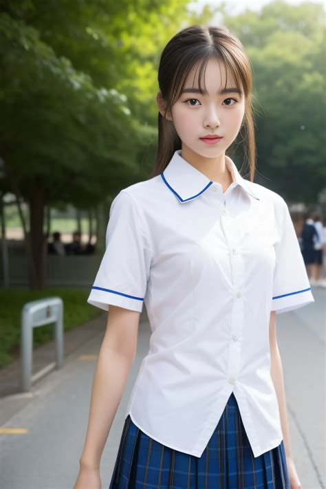 歩道に立つ制服を着たアラフェッドのアジア人女性 Seaart Ai