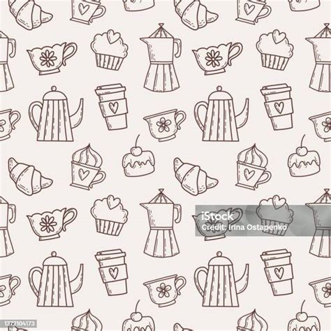 커피 한 잔 크루아상 간헐천 커피 메이커 케이크 주전자와 함께 매끄러운 패턴 베이킹 낙서 배경 그래픽 스타일로 손으로 그린 스케치 스타일의 벡터 그림입니다 가정 생활에 대한