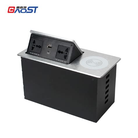 Smart Pop Up Desktop Socket 2 Universal Ac USBA Type C Charger QI 10 W Wireless Charging Station