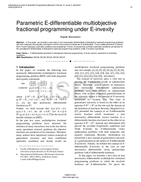 Pdf Parametric E Differentiable Multiobjective Fractional Programming Under E Invexity