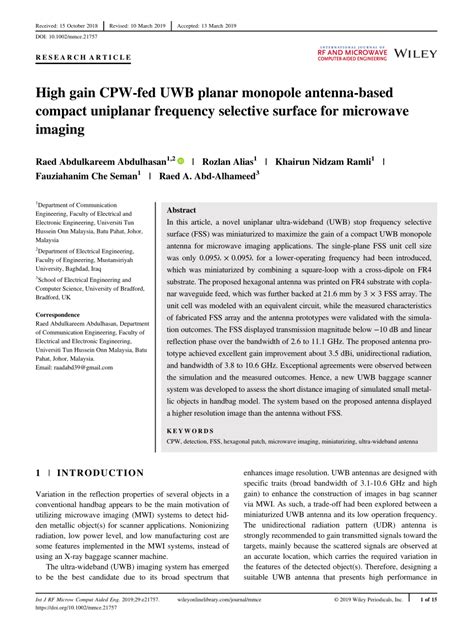 High Gain Cpw‐fed Uwb Planar Monopole Antenna‐based Compact Uniplanar Frequency Selective