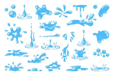 만화 파란색 물방울 방울 스프레이와 눈물 액체 흐름 파도 흐름과 웅이 자연 물 움직임 모양 터 세트 비 물방울 액체 스프레이의 일러스트 프리미엄 Ai 생성 벡터