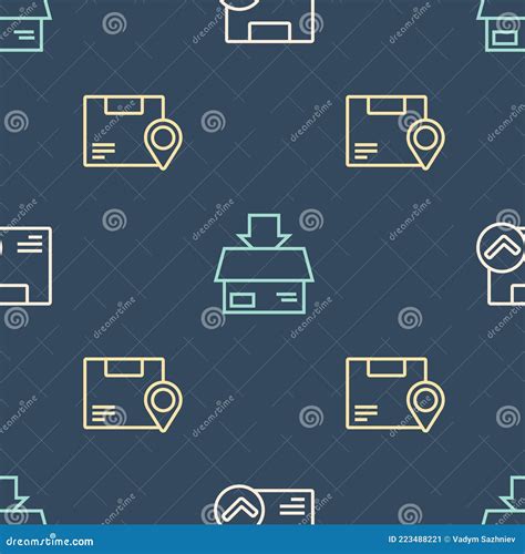 Set Line Package Box With Check Mark Location Cardboard And Carton On Seamless Pattern Vector