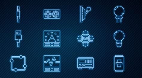 세트 라인 전등 스위치 아이디어의 개념과 전구 전기 패널 암페어 미터 멀티 미터 전압계 Usb 케이블 코드 오디오 잭 프로세서