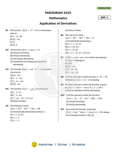 application of derivatives class 12 dpp pdf monotonic function